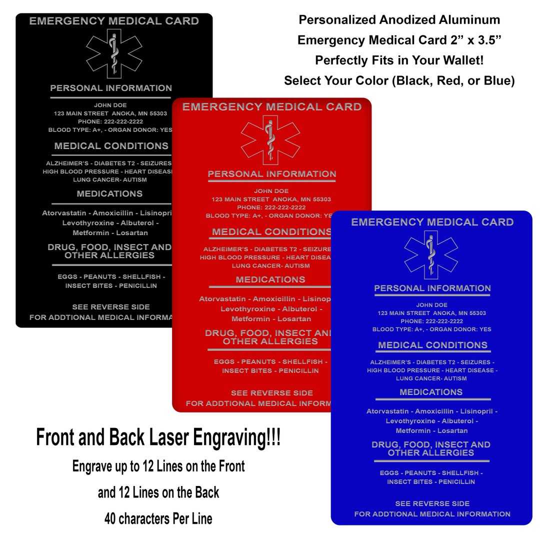 Personalized Medical Emergency ID Card: Anodized Aluminum Wallet Card ...