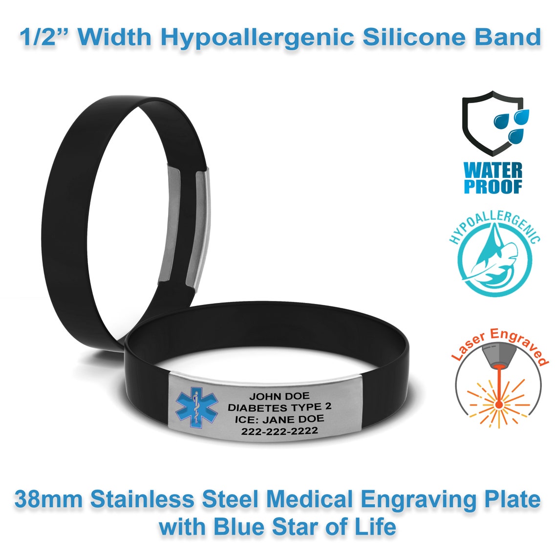 Medical Alert Bracelet Personalized Silicone Wristbands - Matte ...