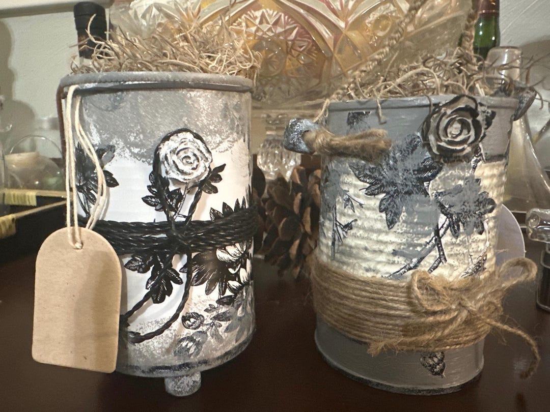 An Upcycled Gray and Black Decoupaged Tin Can Made Into a Pretty Flower ...