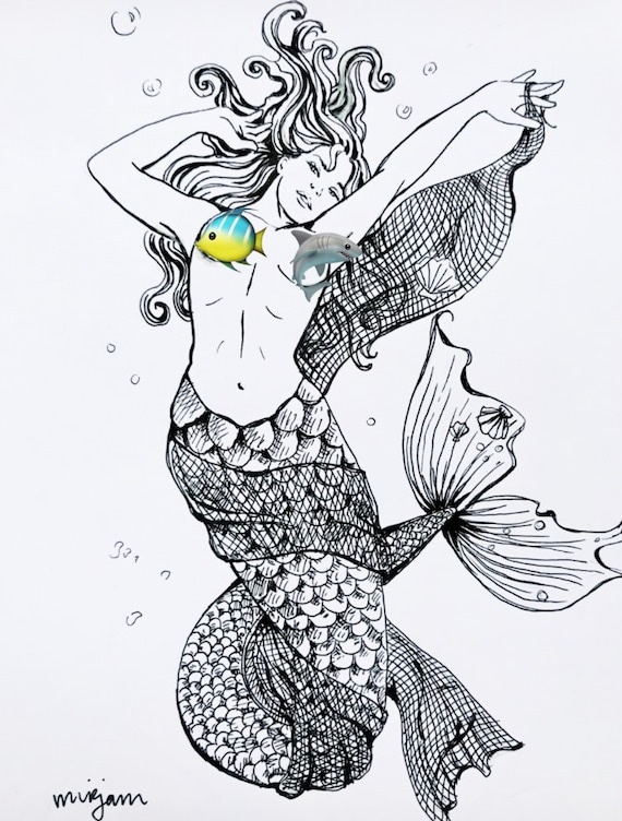 Sexy Mermaid Illustration Ink Drawing Erotic Print Card Etsy