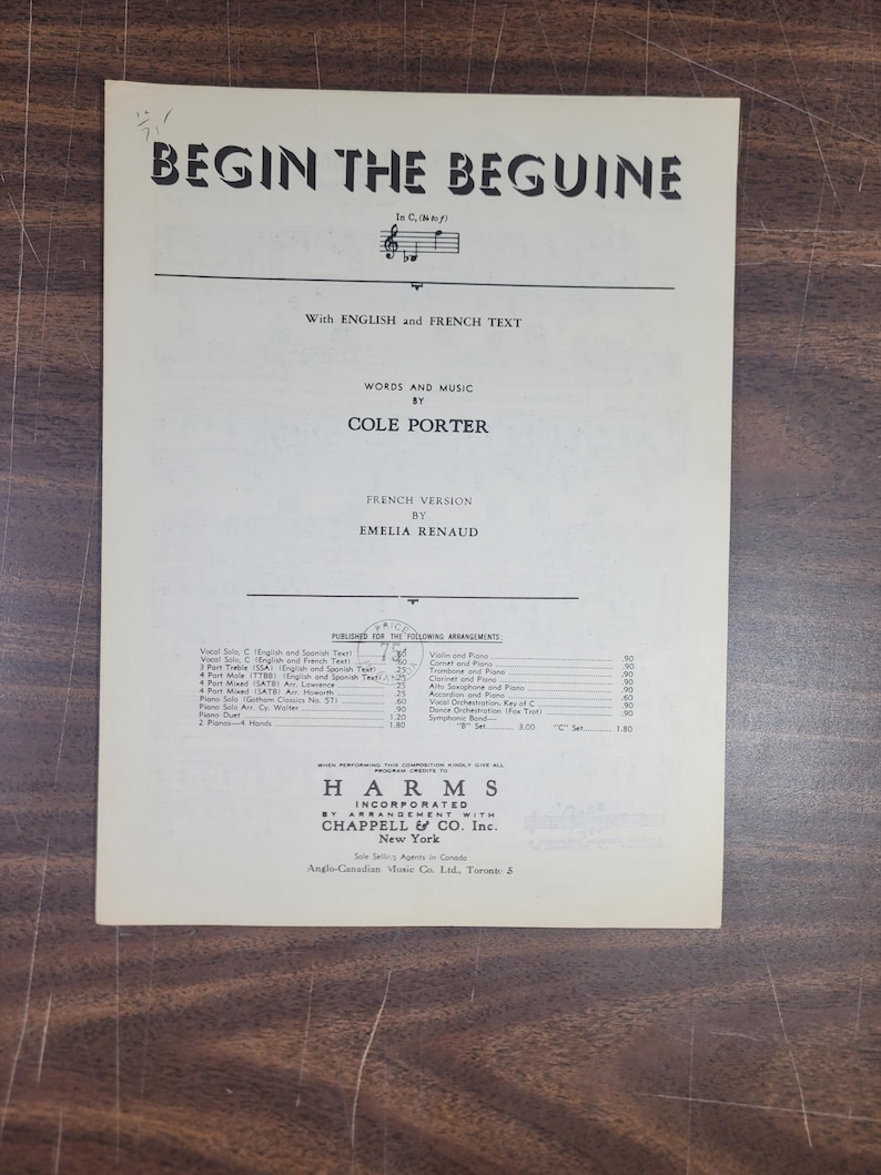 Begin the Beguine by Cole Porter Piano Sheet Music - Etsy