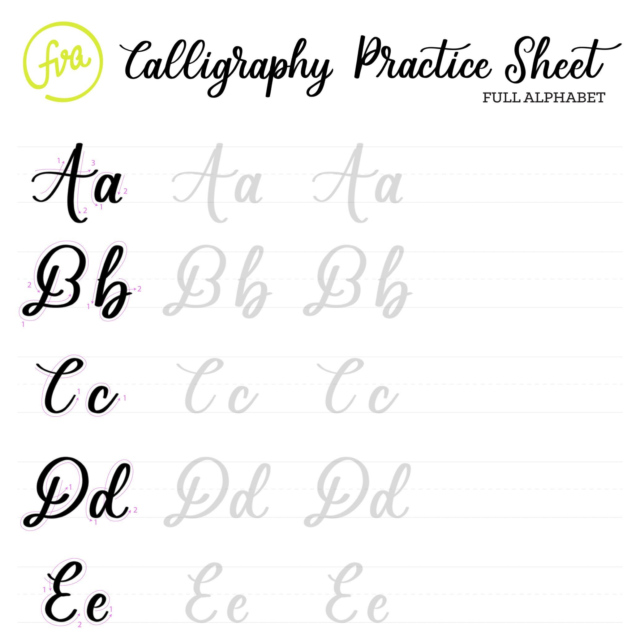 Calligraphy Practice Sheets Full Alphabet Lettering Etsy