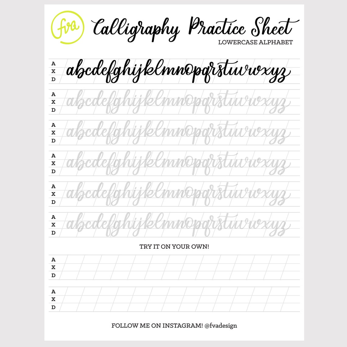 Calligraphy Practice Sheets | Lowercase Alphabet | Lettering | Digital ...