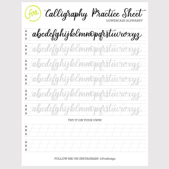 Calligraphy Practice Sheets Lowercase Alphabet Lettering Digital Download Printable Etsy