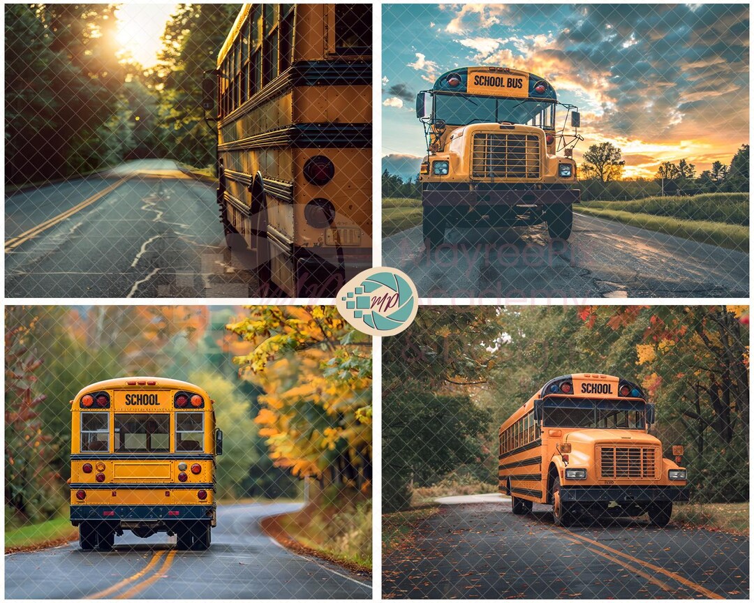 Vintage School Bus Fall Scene: Back to School Digital Background ...