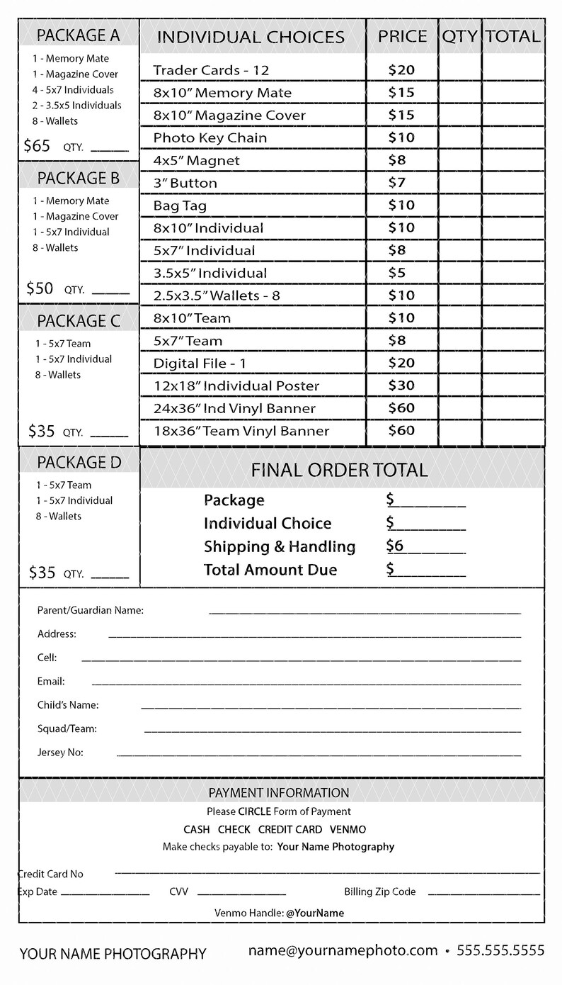 Sports Portrait Photography Guide Template, Order Forms, Photo Samples ...