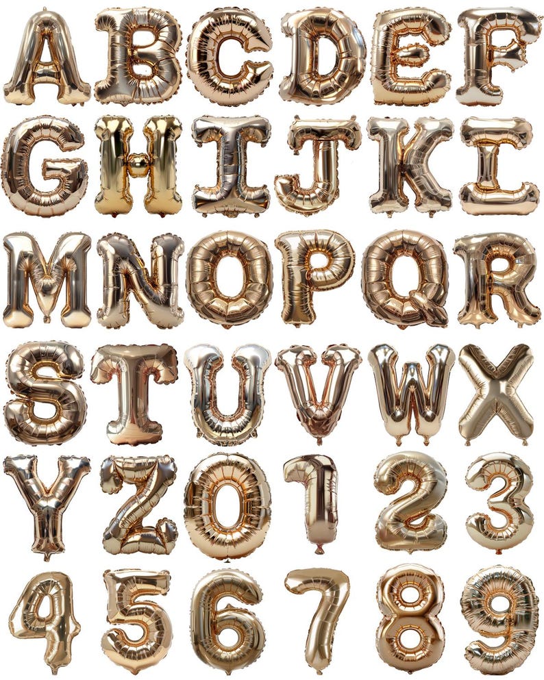 Gold Balloon Letters & Numbers PNG Overlay Set - Transparent Background ...