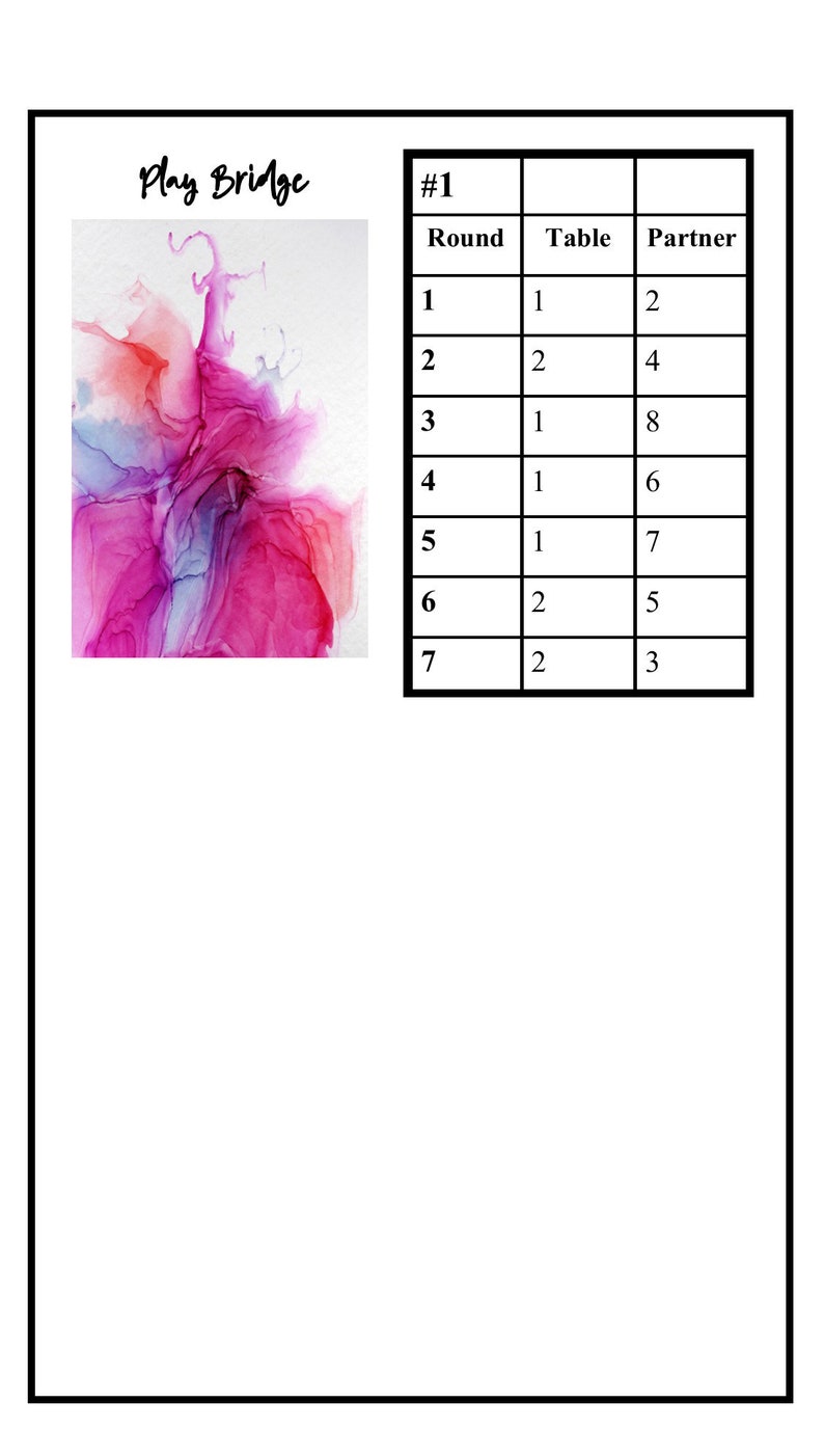 Printable 2 Table "ink" Bridge Tallies, Print at Home, Digital Bridge ...