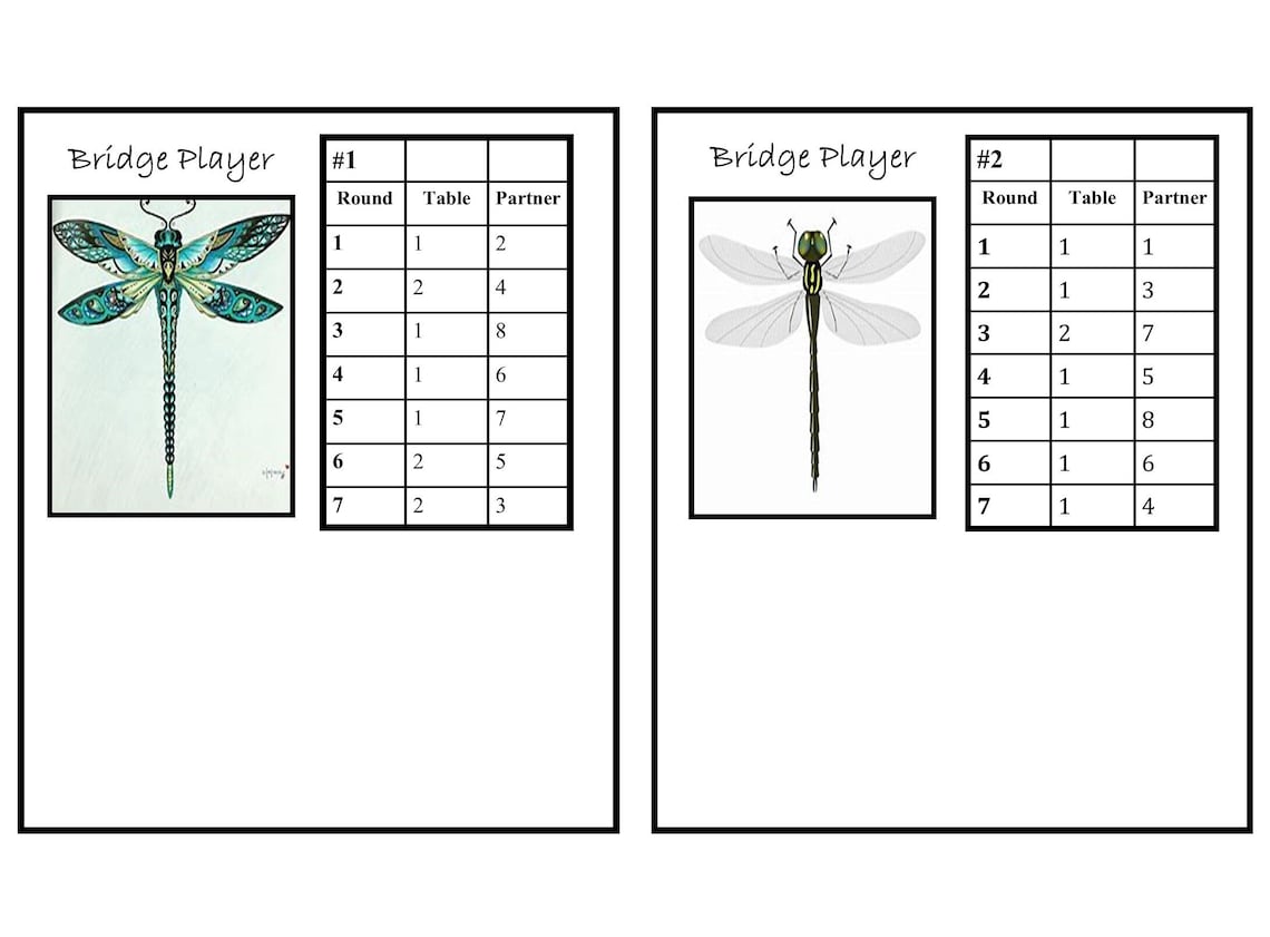 Printable 2 Table Dragonfly Bridge Tallies, Digital Bridge Tallies ...