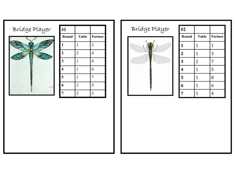 Printable 2 Table Dragonfly Bridge Tallies, Digital Bridge Tallies ...