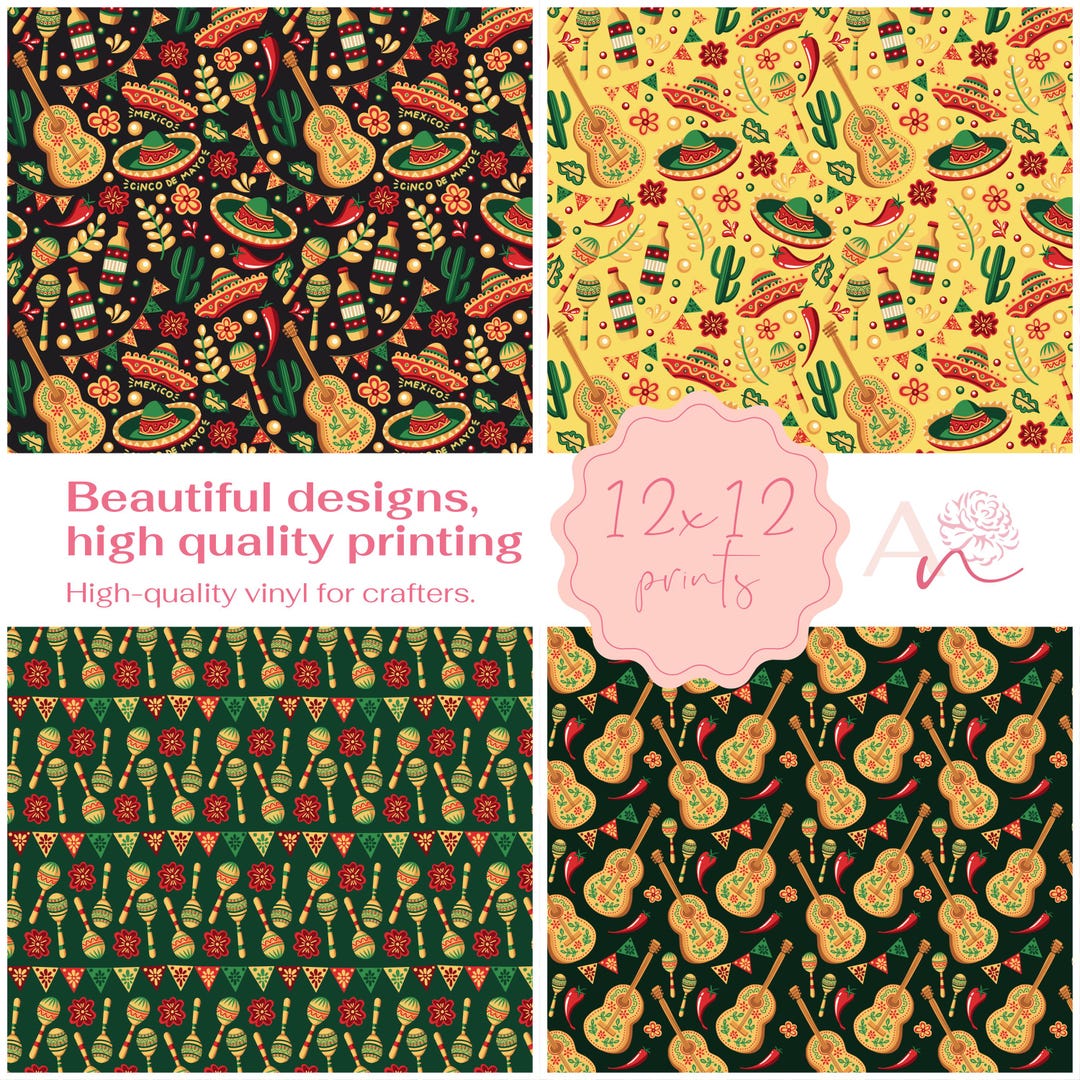 Cinco De Mayo Patterned Craft Vinyl & HTV; Fiesta Print Vinyl; Bright ...