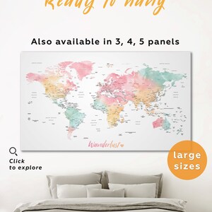 Wanderlust Map World Map Wall Art, Push Pin World Map Pink Travel Map ...