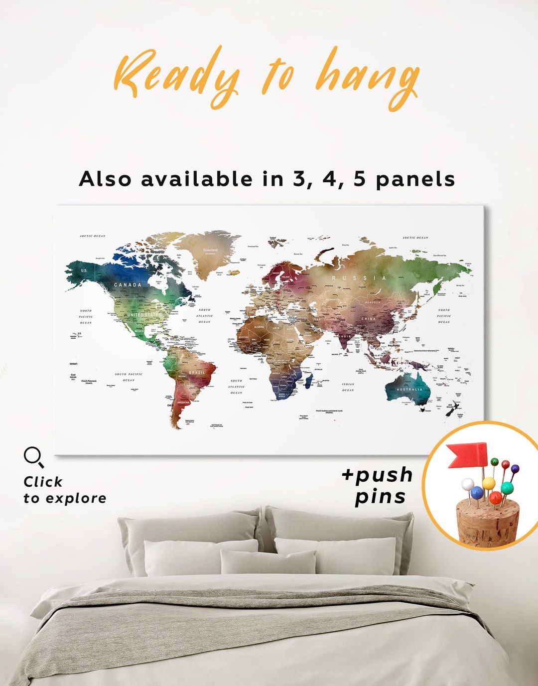 Mapa del mundo arte mural Mapa de viaje Mapa del mundo de acuarela ...