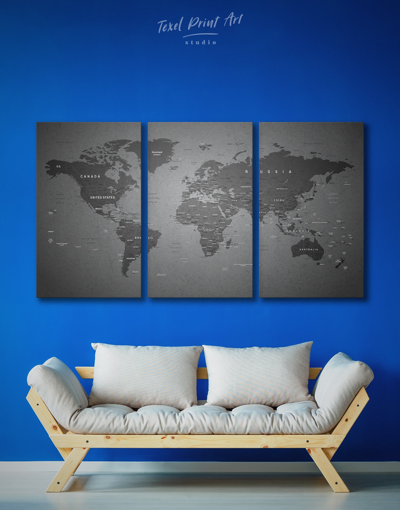 Grey World Map Canvas Gray World Map Wall Art | Large Travel Map With ...