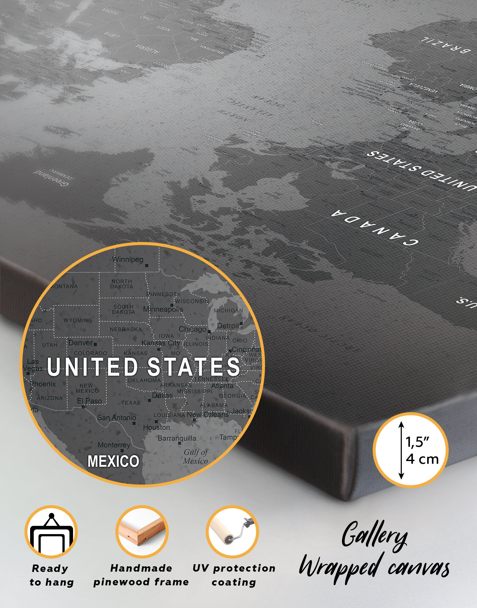 Grey World Map Canvas Gray World Map Wall Art | Large Travel Map With ...