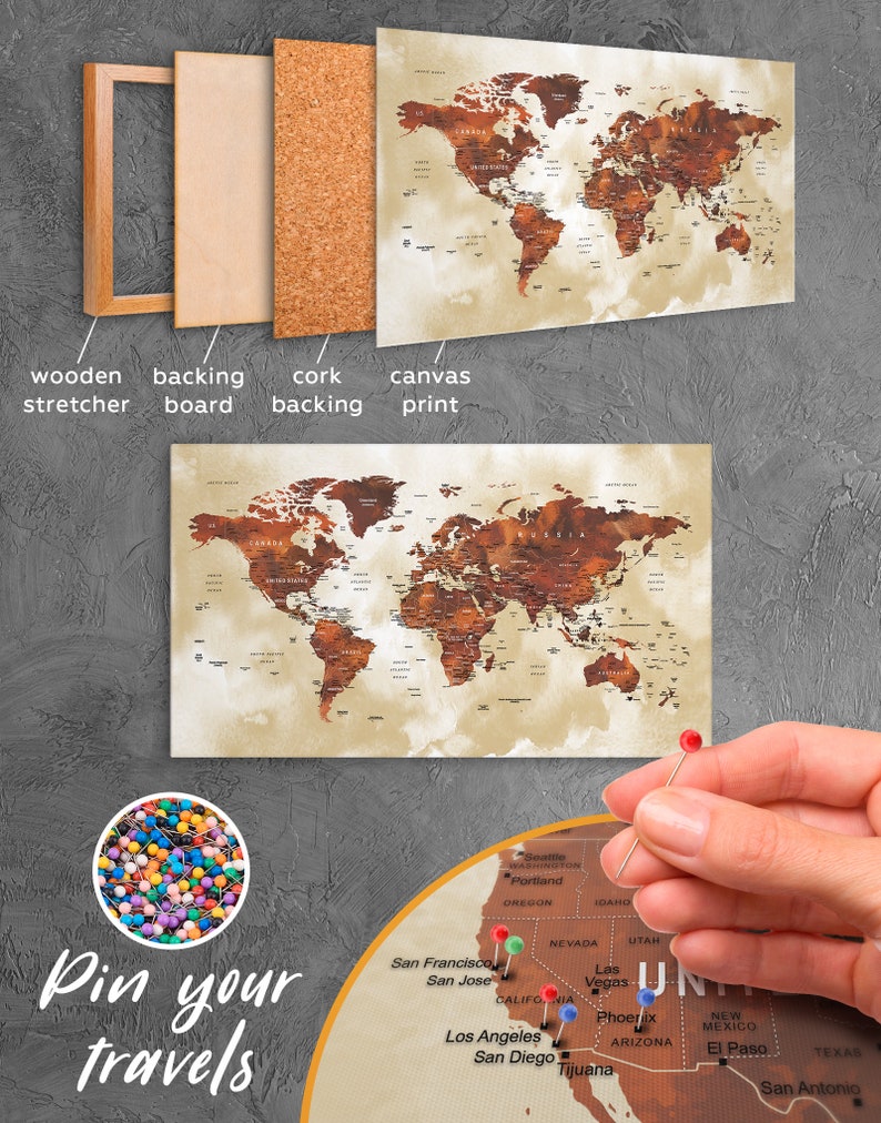 Rustic World Map Art Travel Map Canvas Rustic Wall Map Brown | Etsy
