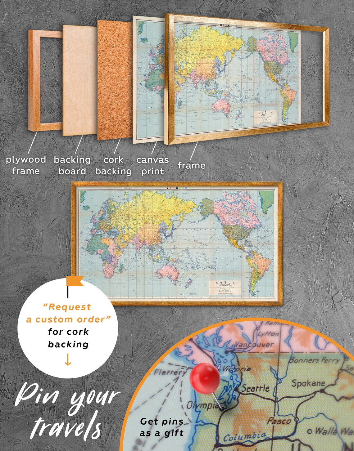 Framed World Map Canvas Wall Art World Map Framed Canvas Giant | Etsy