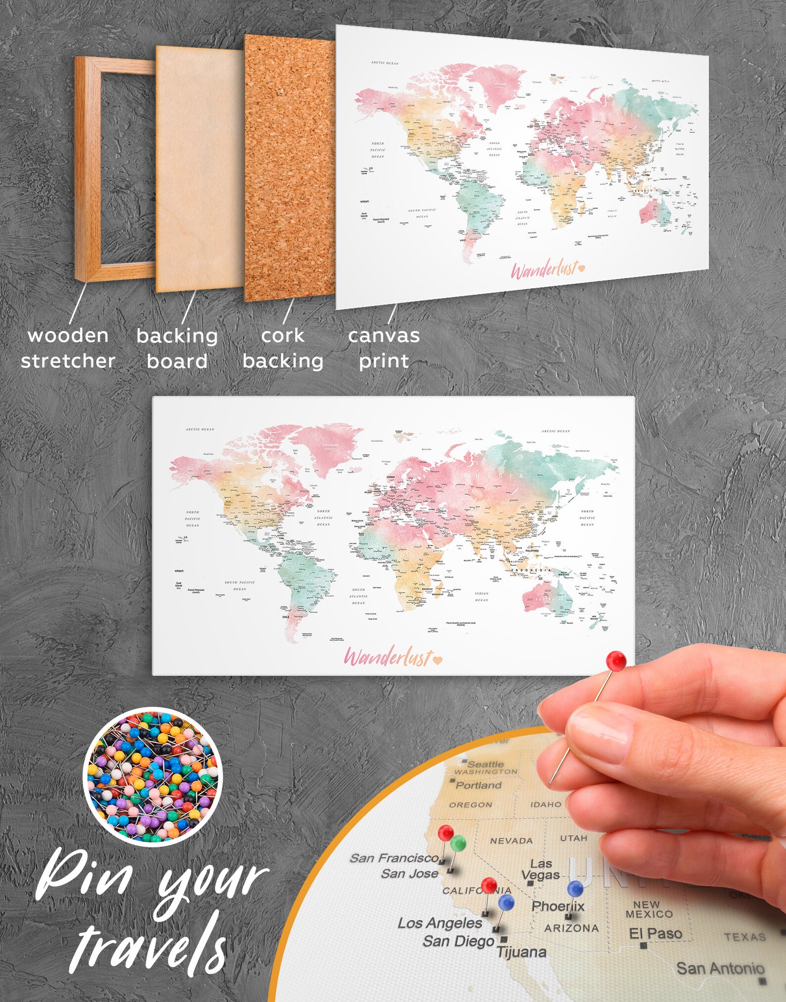Wanderlust Map World Map Wall Art Push Pin World Map Pink - Etsy