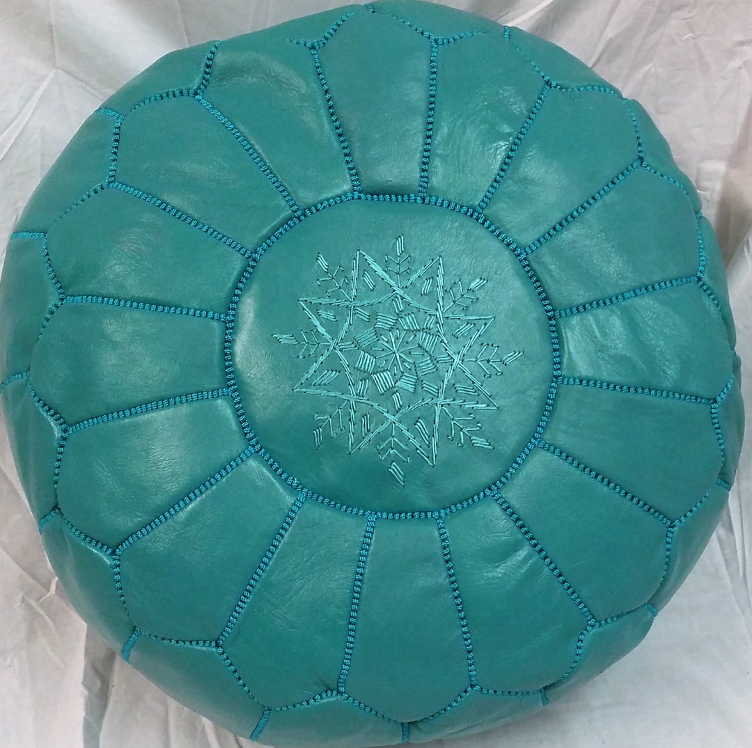 Unstuffed Moroccan Leather Pouf Ottoman With Top Embroidery Available