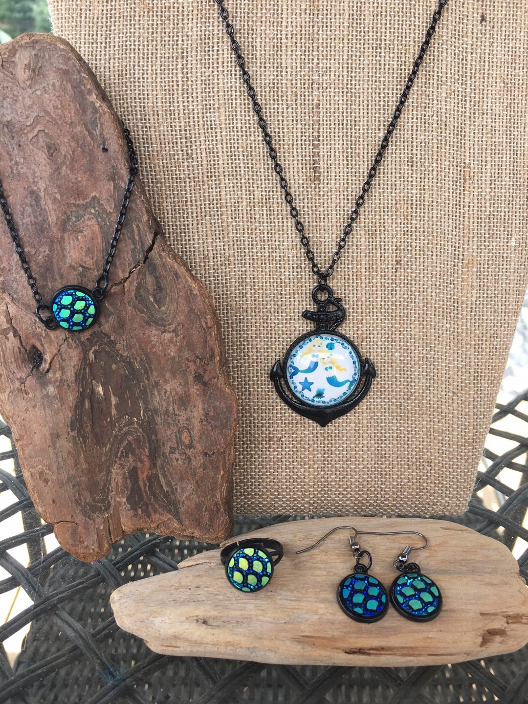 Whimsical Mermaid Jewelry Set With Black Chain, Necklace, Bracelet ...