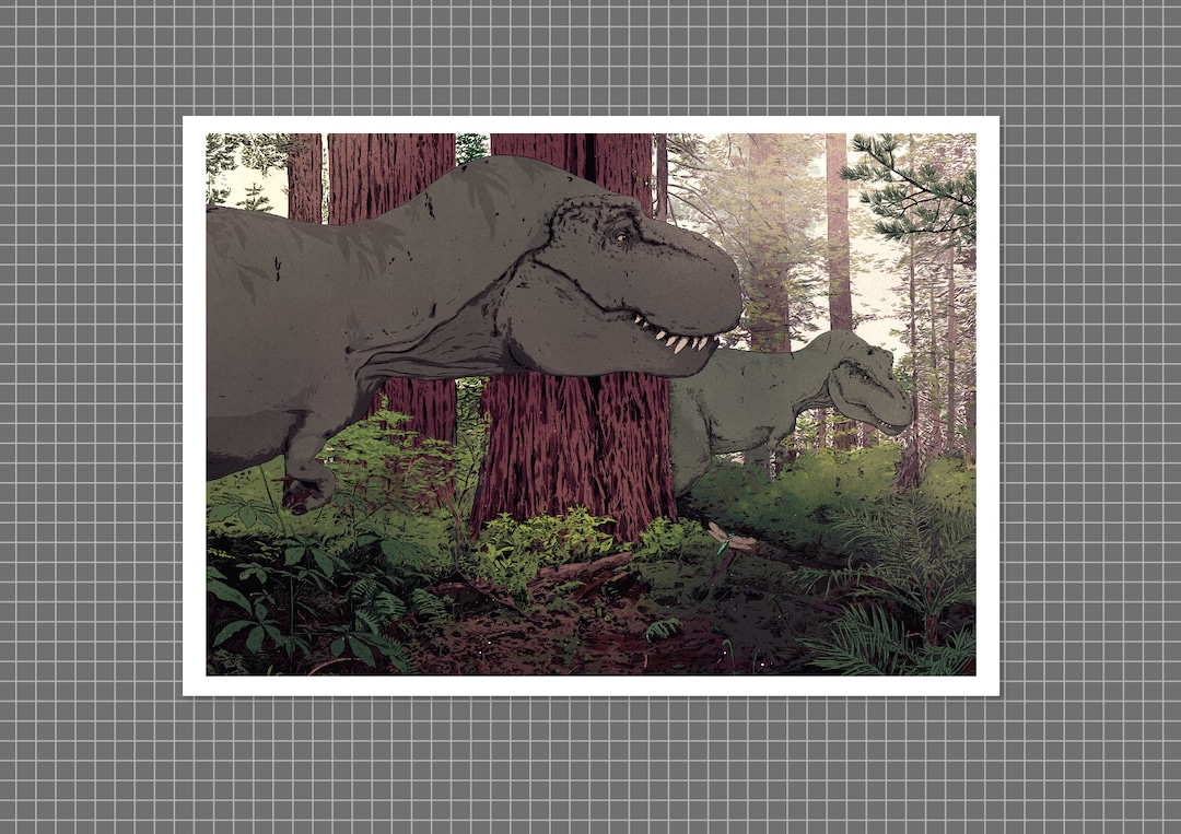 Dinosaurs Tyrannosaurus Rex Meeting in a Forest 'FRIEND OR FOE' A3 High ...