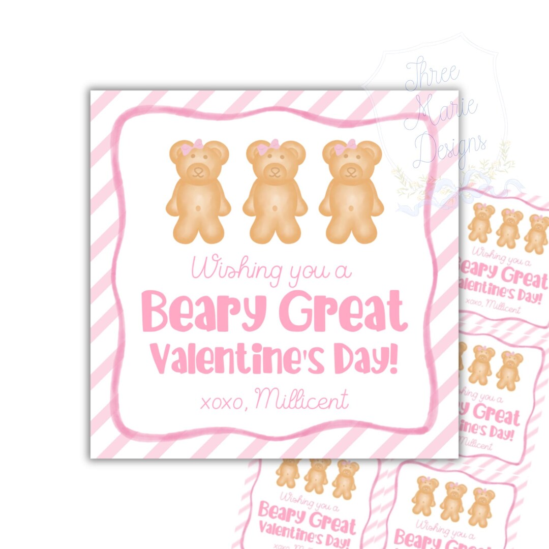 Teddy Graham Bear Valentine Tag | Beary Sweet Valentine Card, 3x3 ...