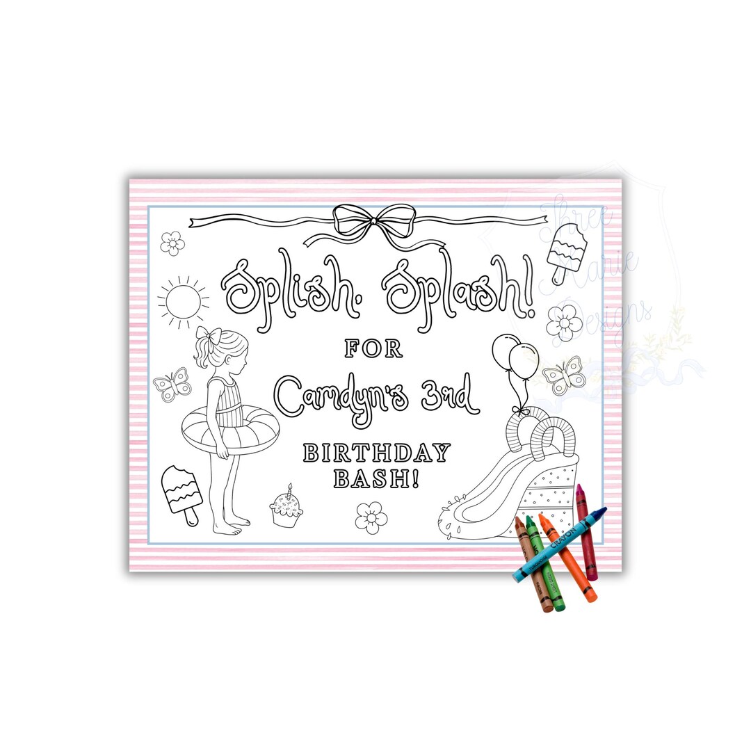 Waterslide Birthday Party Coloring Sheet | Pink Pool Party Editable ...