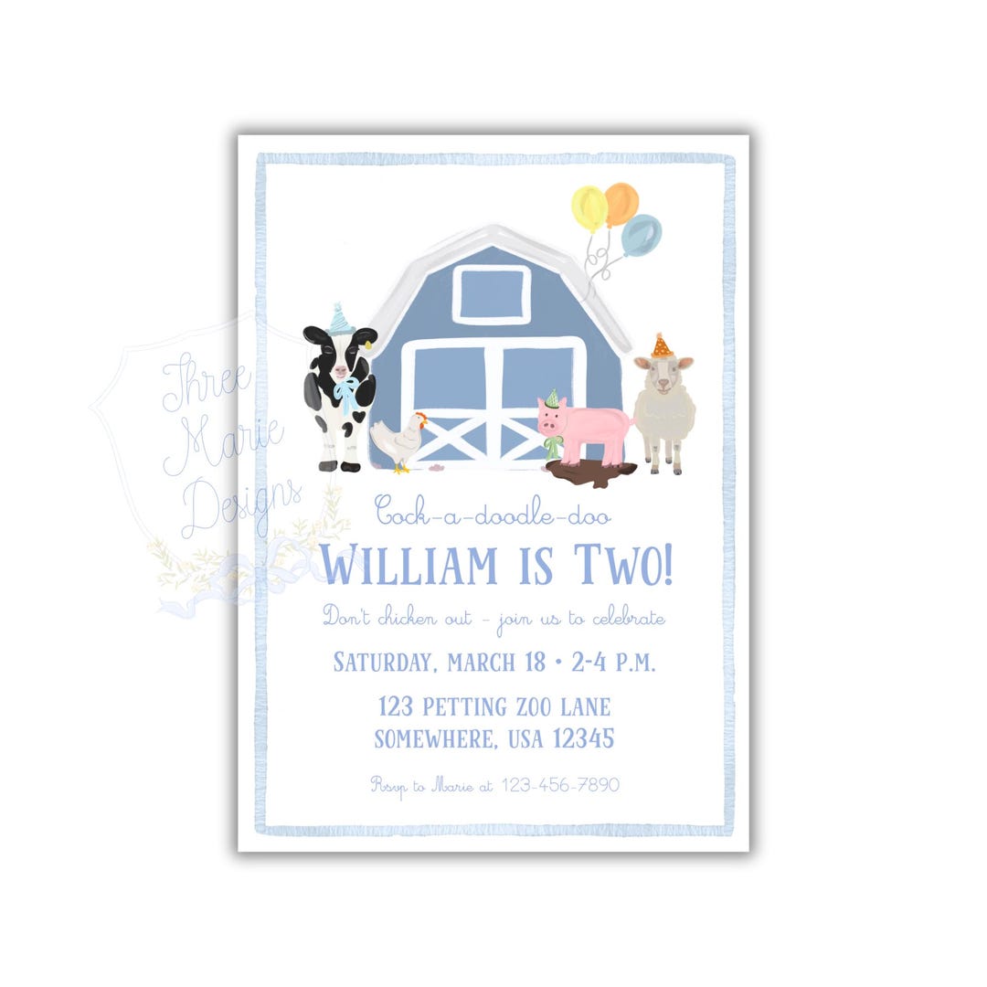 Blue Farm Animals Birthday Invitation | Party Animals Farm Animals ...
