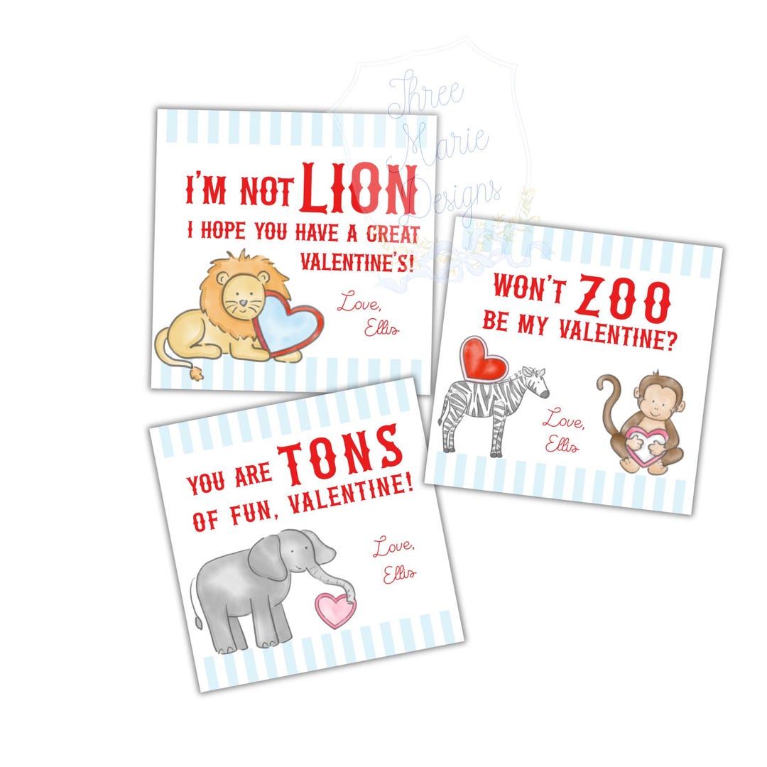 Safari Valentine Tags Set of 3 Animal Cracker Valentine Card 3x3 ...