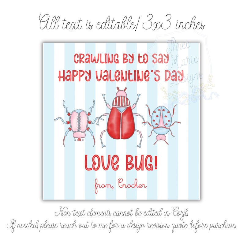 Blue Bugs Valentine Tag | 3x3 Editable DIY Valentine Printable | Bug ...