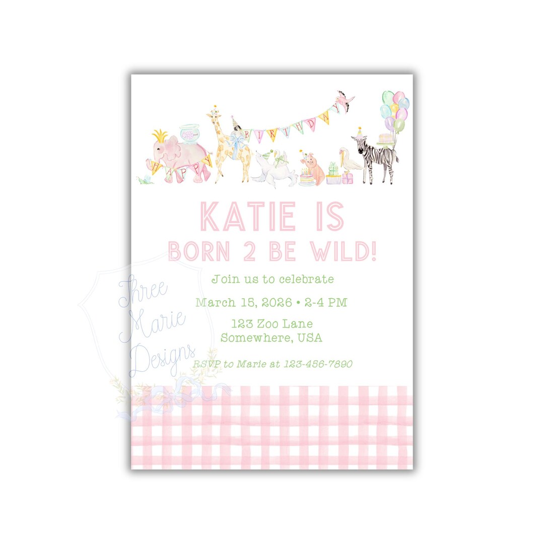 Pink Party Animals Invitation | Born TWO Be Wild Invite | Editable Wild ...