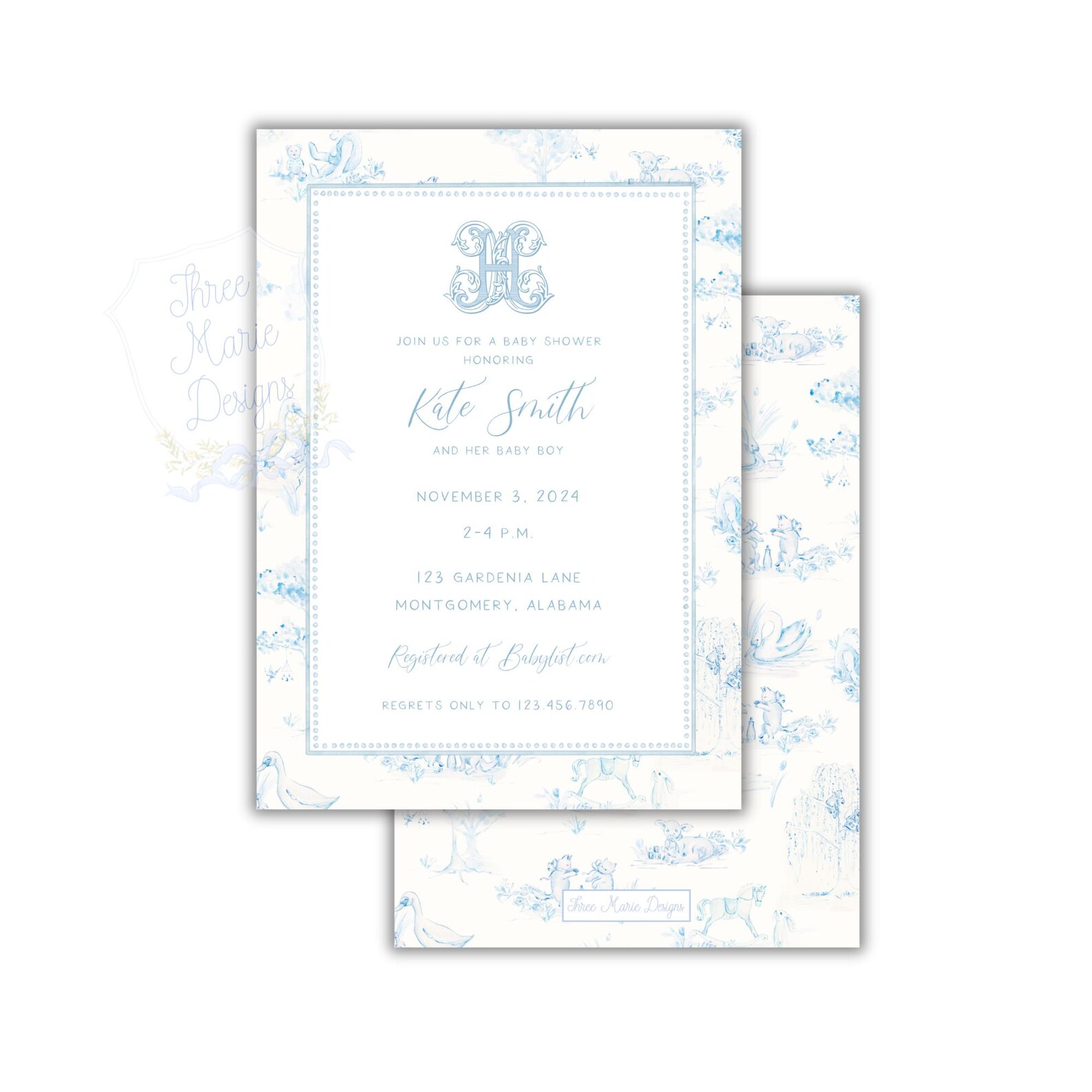 Blue Toile Baby Shower Invite | Baby Boy Shower Invitation, Editable ...