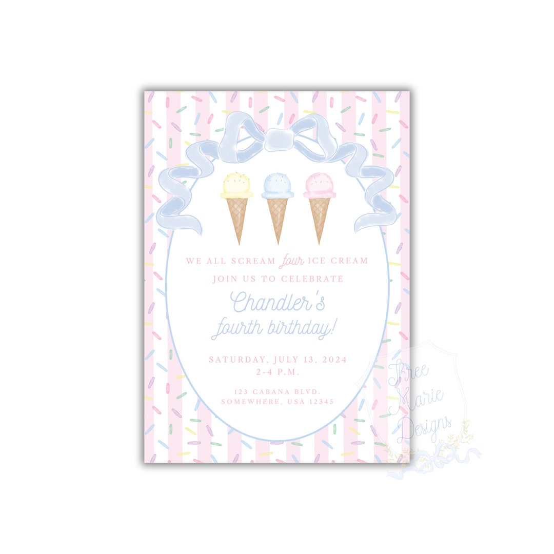 Pink Pastel Ice Cream Birthday Invitation, Self-edit, Pink Ice Cream ...