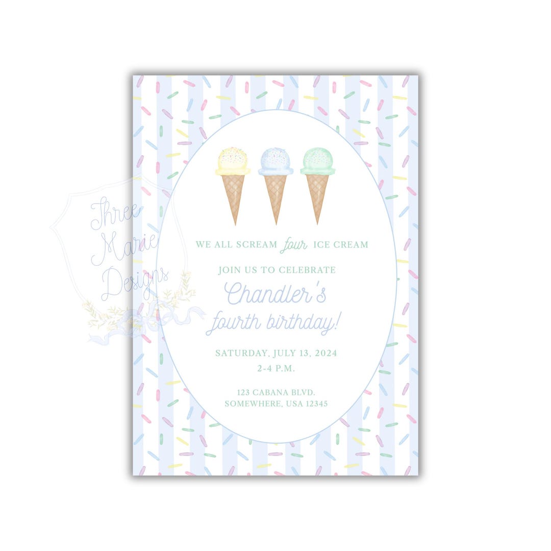 Blue Pastel Ice Cream Birthday Invitation, Editable Boys Ice Cream ...