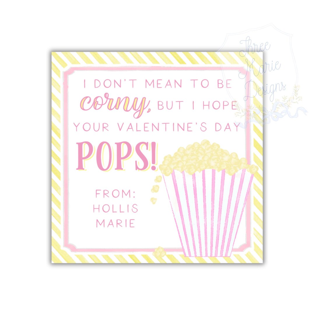 Pink Popcorn Valentine's Tag Printable 3x3 Editable Popcorn Printable ...