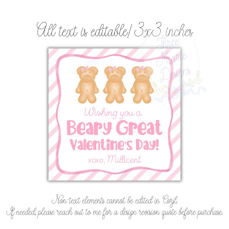 Teddy Graham Bear Valentine Tag | Beary Sweet Valentine Card, 3x3 ...