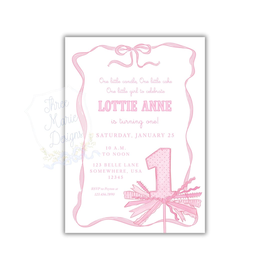 Classic Girls First Birthday Invitation | Pink 1 Cake Topper Invite ...