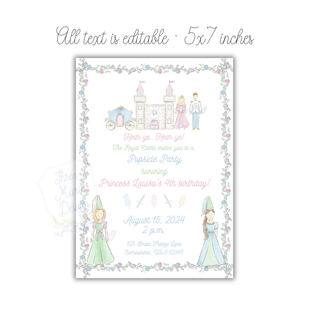 Princess and Popsicle Birthday Invitation, Self-editable, Pastel ...
