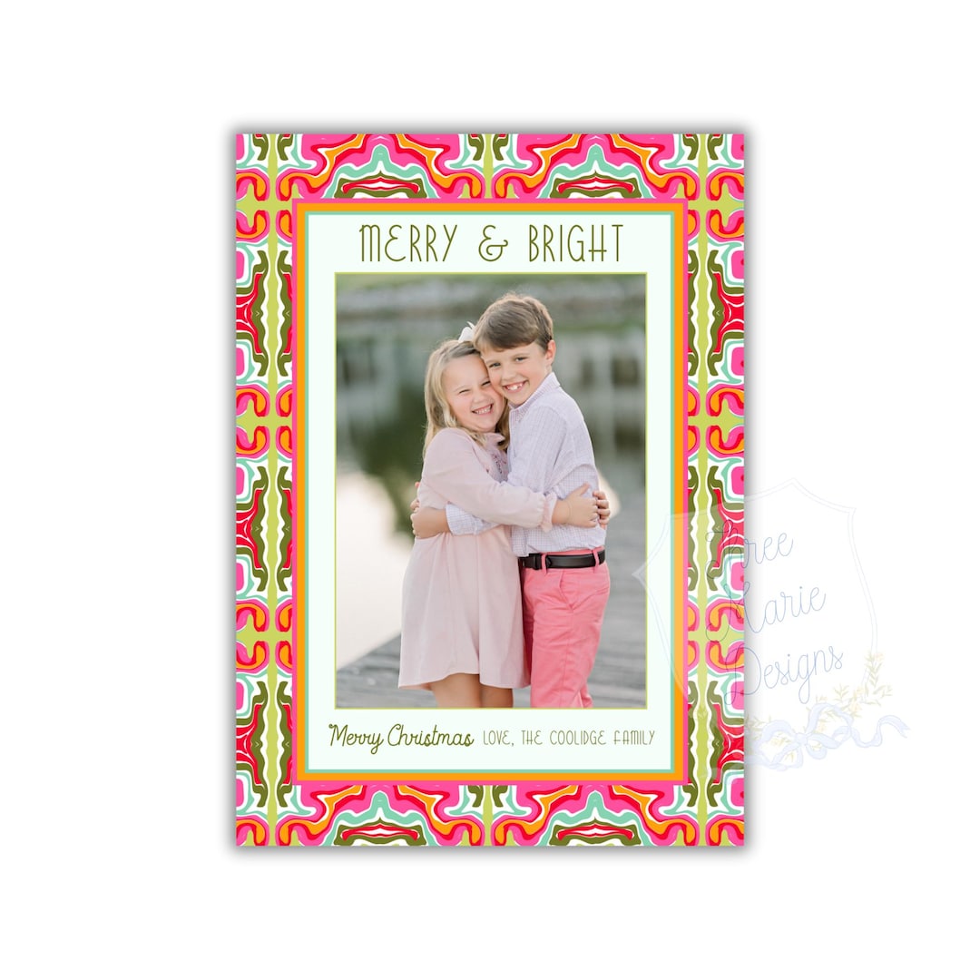 Funky Christmas Art Photo Card, Editable Merry & Bright Christmas Card ...