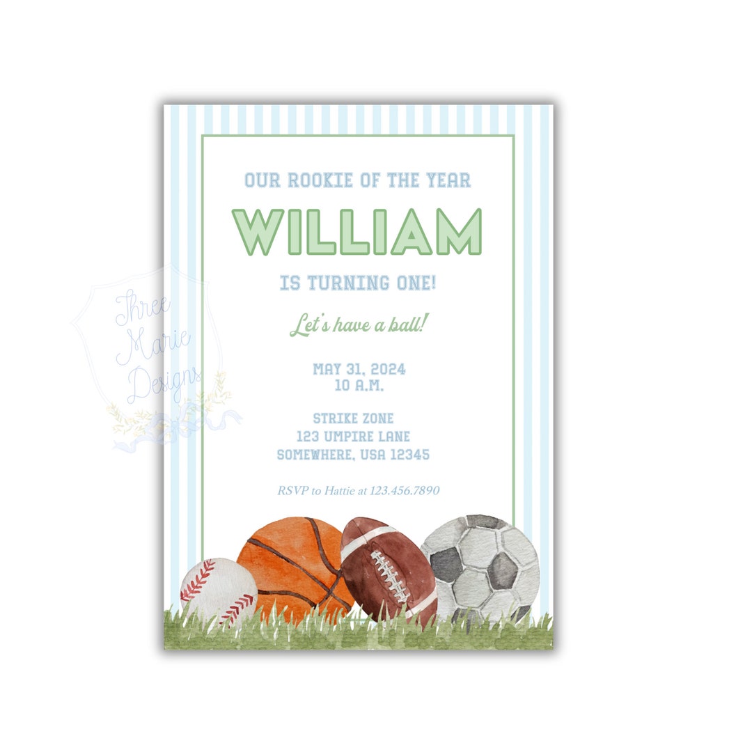 Editable Sports Birthday Invite | Rookie Year Invitation | Sports Party ...