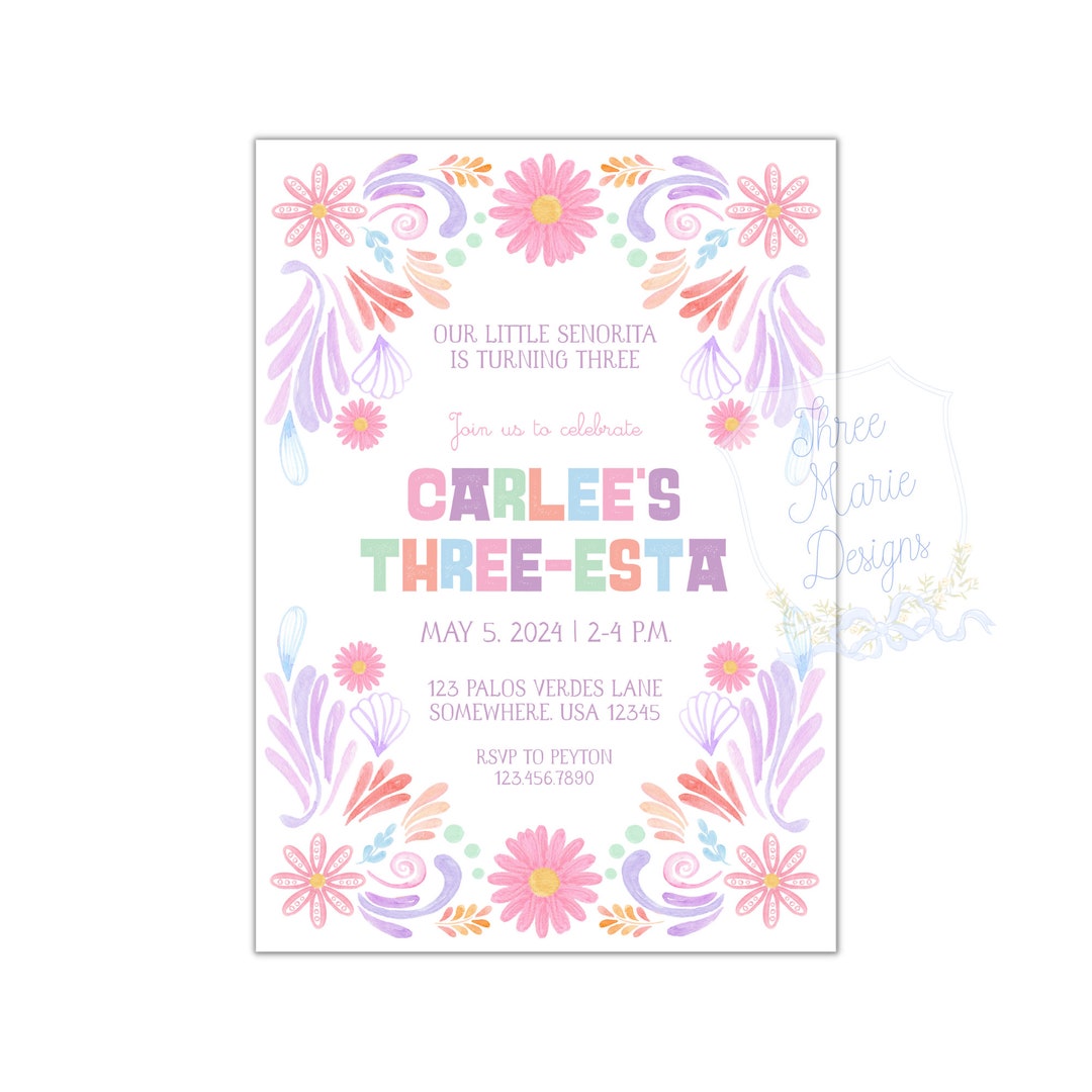 Pastel Fiesta Birthday Invitation | First Fiesta Invite Three-esta ...