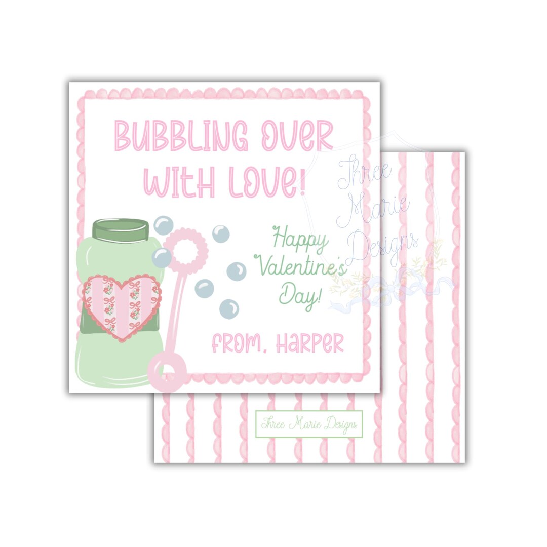 Pink Bubbles Valentine Tag | Bubbles Wand Valentine Card | 3x3 Inches ...