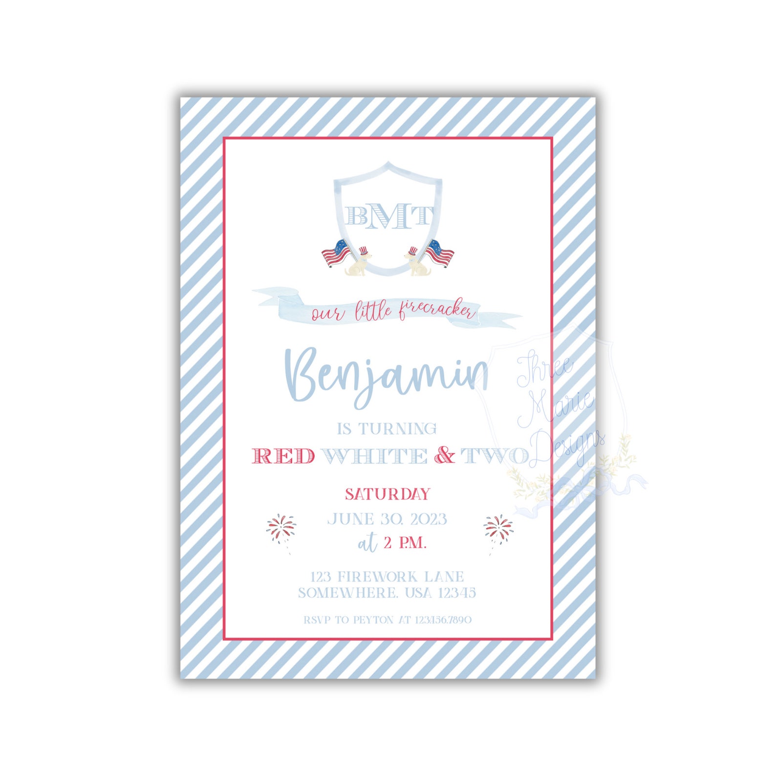 Patriotic Boy Birthday Invitation | Red White & Two Invite | USA Invite ...