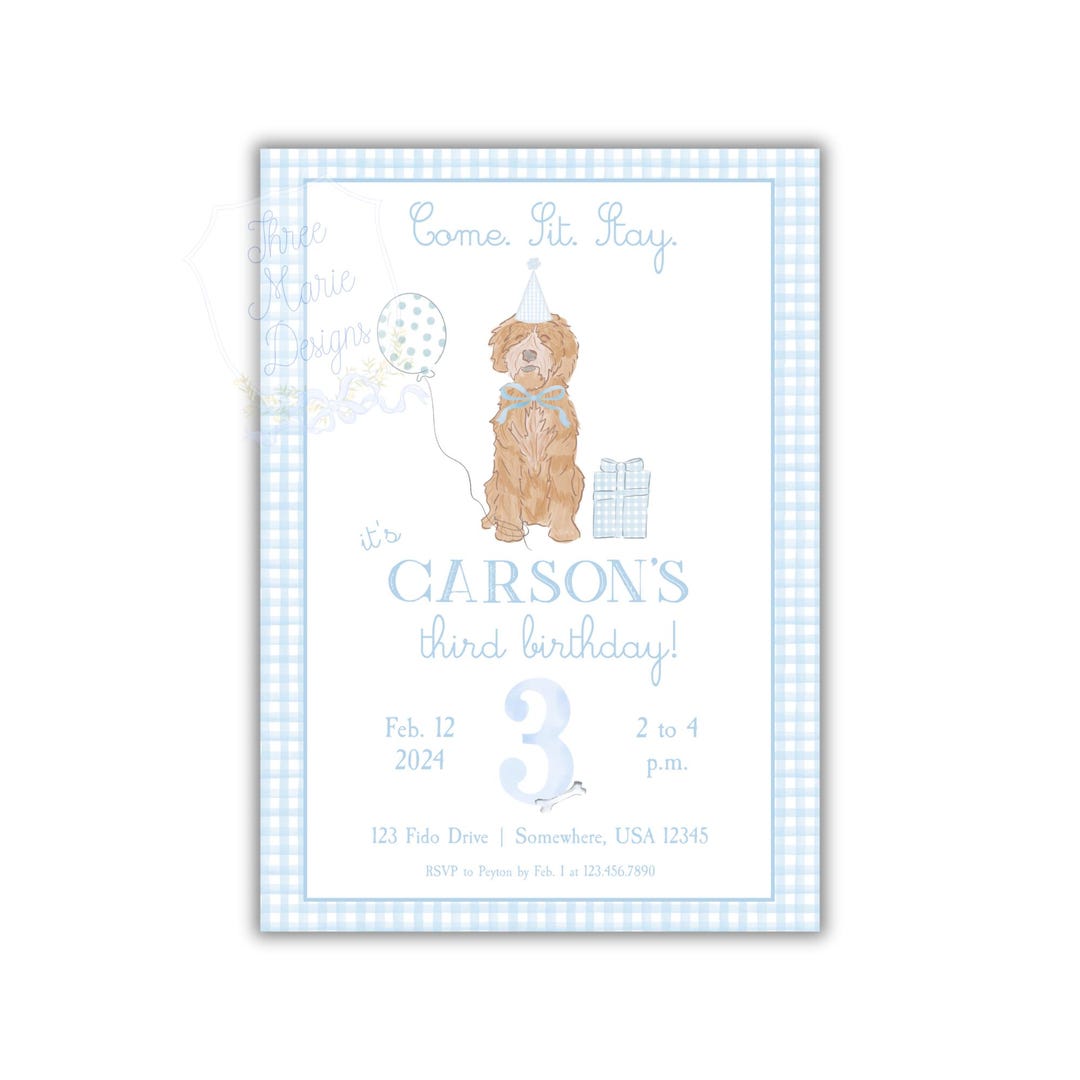 Blue Goldendoodle Birthday Invite | Doodle Puppy Party Invite | Blue ...