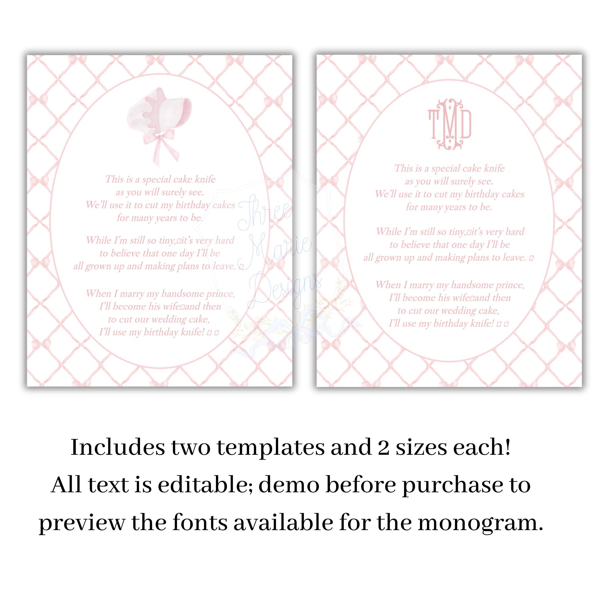 Birthday Cake Knife Poem Instant Download | Printable Cake Knife Poem ...