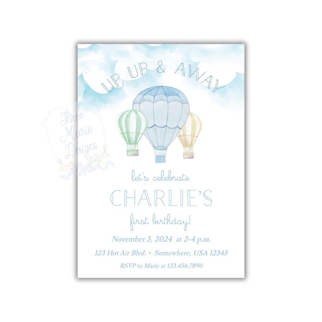 Blue Hot Air Balloon Birthday Invite, Watercolor Hot Air Balloon ...