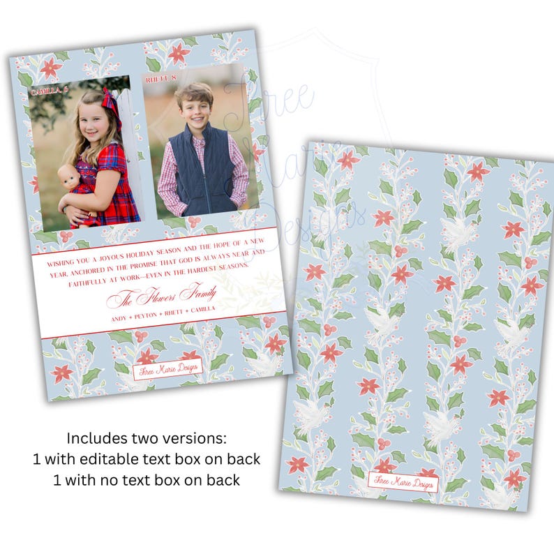 Dove and Holly Blue Christmas Card | Editable Blue, Red and Green Holly ...