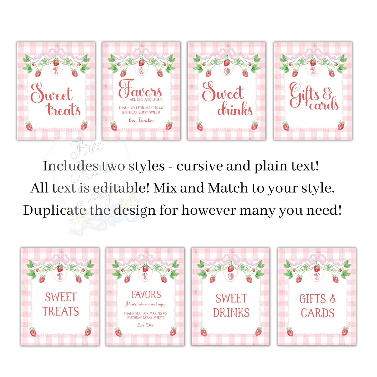 Editable Pink Bow Strawberry Table Signage | Berry First Birthday ...