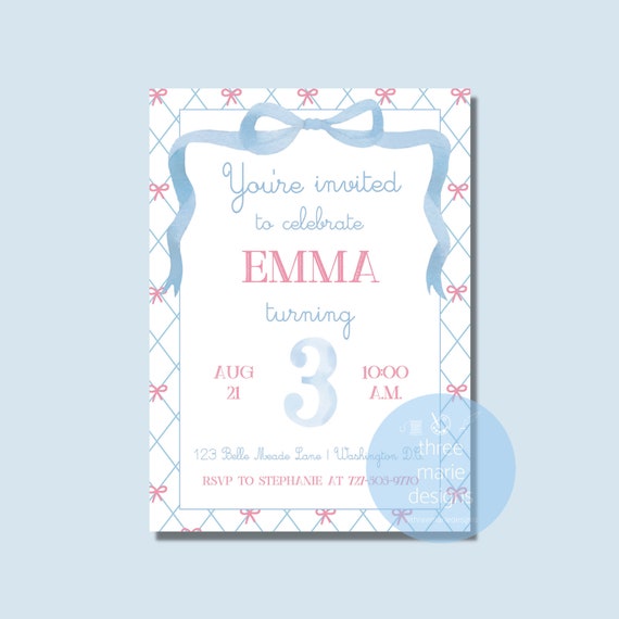 Pink and Blue Bow Birthday Party Girly Watercolor Birthday - Etsy
