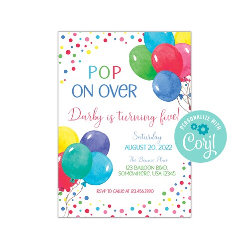 Editable Pop on Over Balloon Birthday Invitation Instant - Etsy
